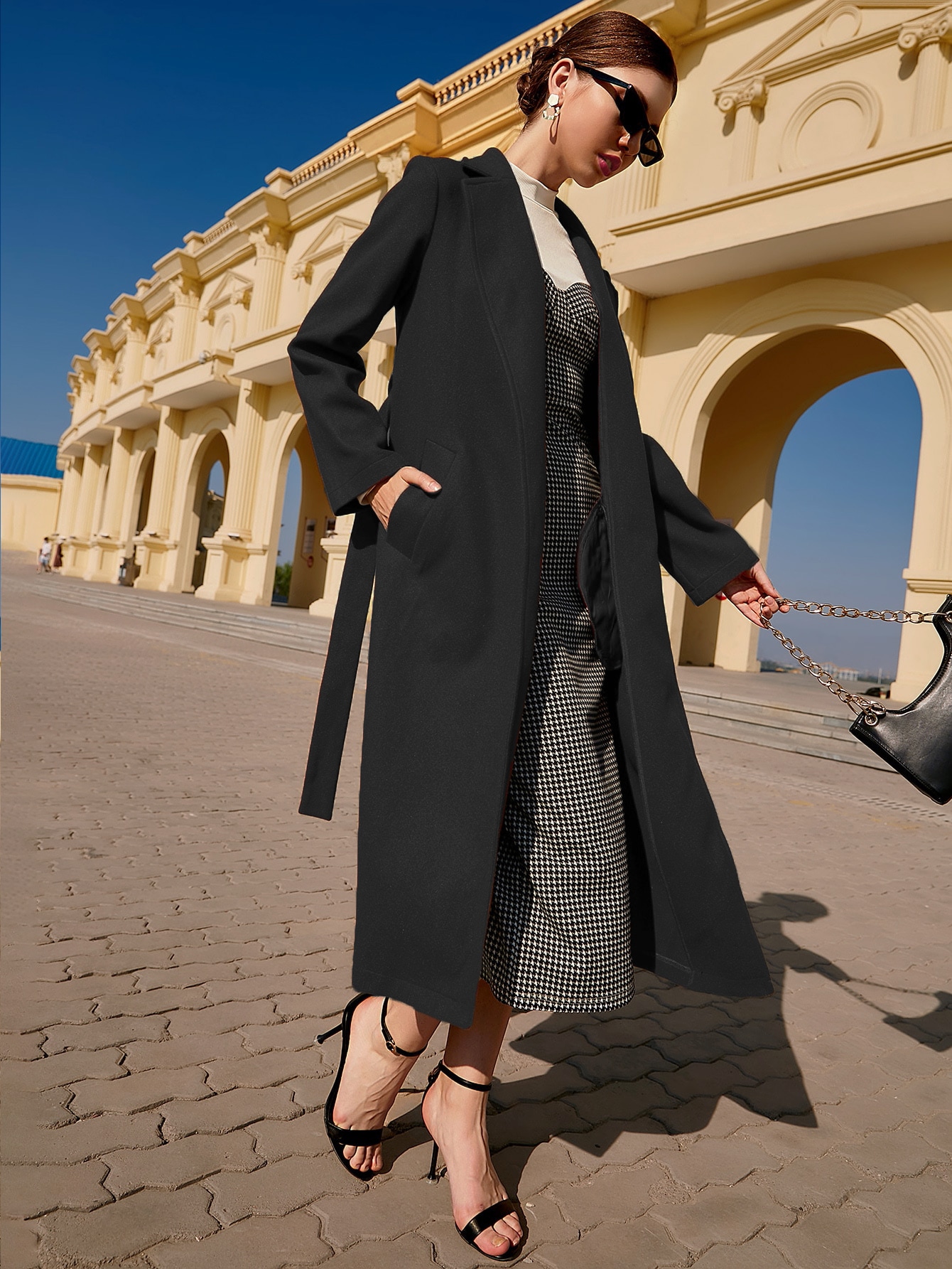 Slant Pockets Lapel Neck Belted Overcoat | SHEIN USA