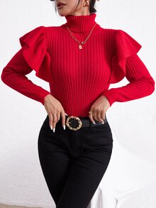 SHEIN Privé Turtle Neck Ruffle Trim Sweater | SHEIN EUR