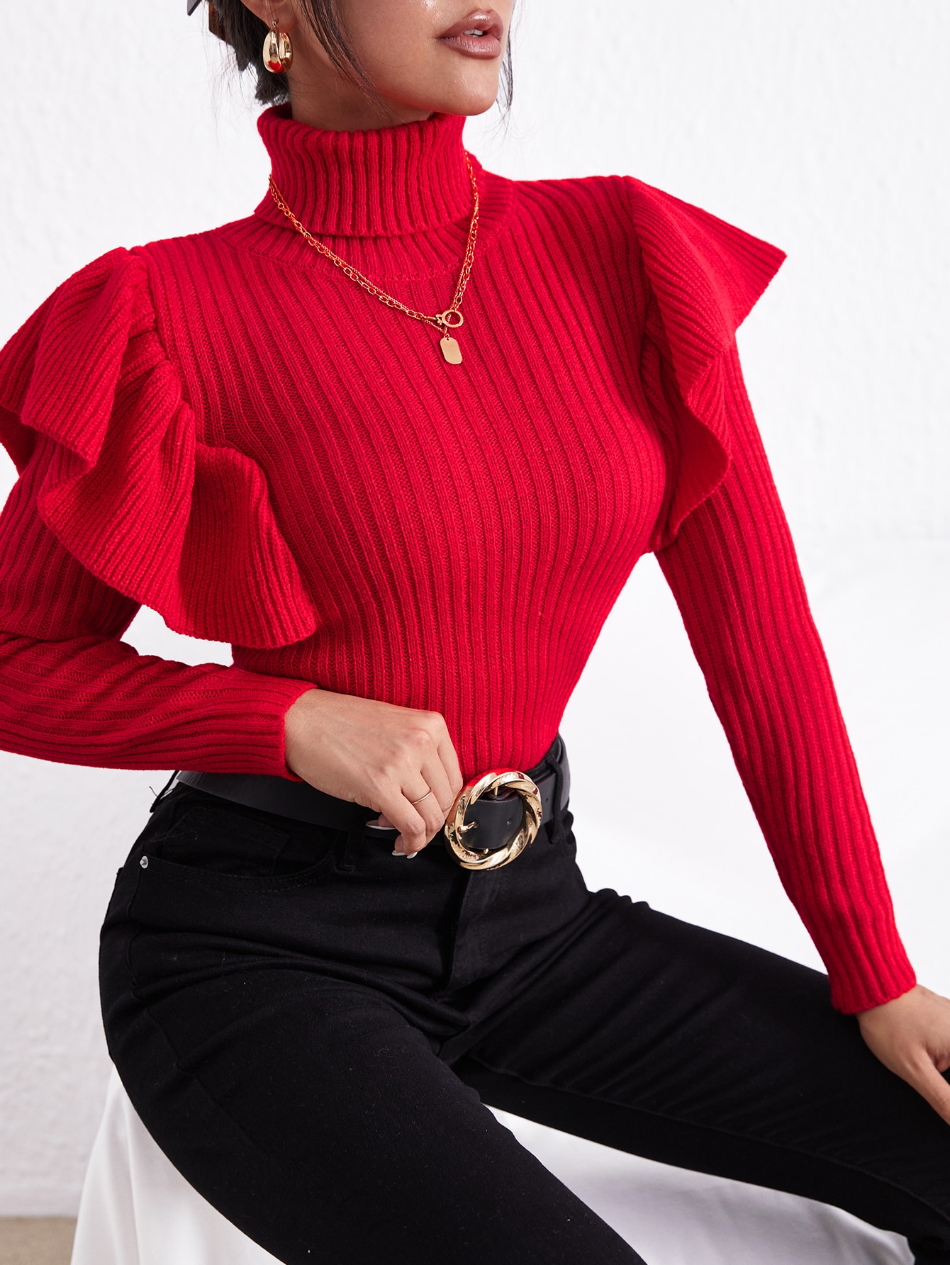 SHEIN Privé Turtle Neck Ruffle Trim Sweater | SHEIN EUR