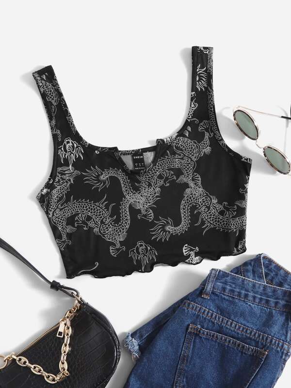 SHEIN Coolane Dragon Print Lettuce Trim Crop Tank Top | SHEIN USA