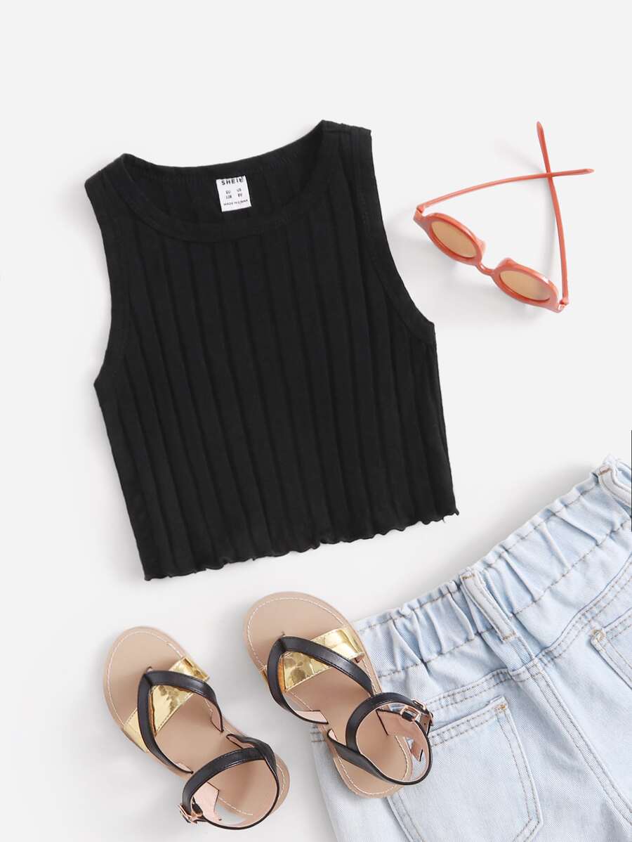 SHEIN Tween Girl Lettuce Trim Rib-Knit Tank Top | SHEIN USA