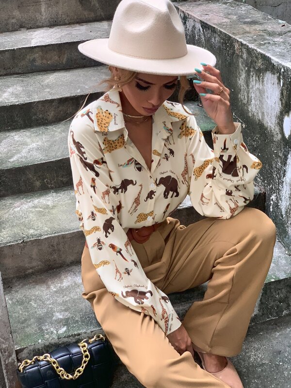 SHEIN Privé Allover Animal Print Drop Shoulder Shirt | SHEIN UK