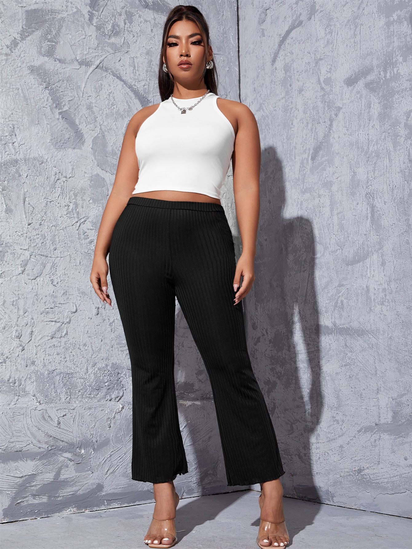 Shein Essnce Plus Ribbed Knit High Waist Flare Leg Pants Shein Usa