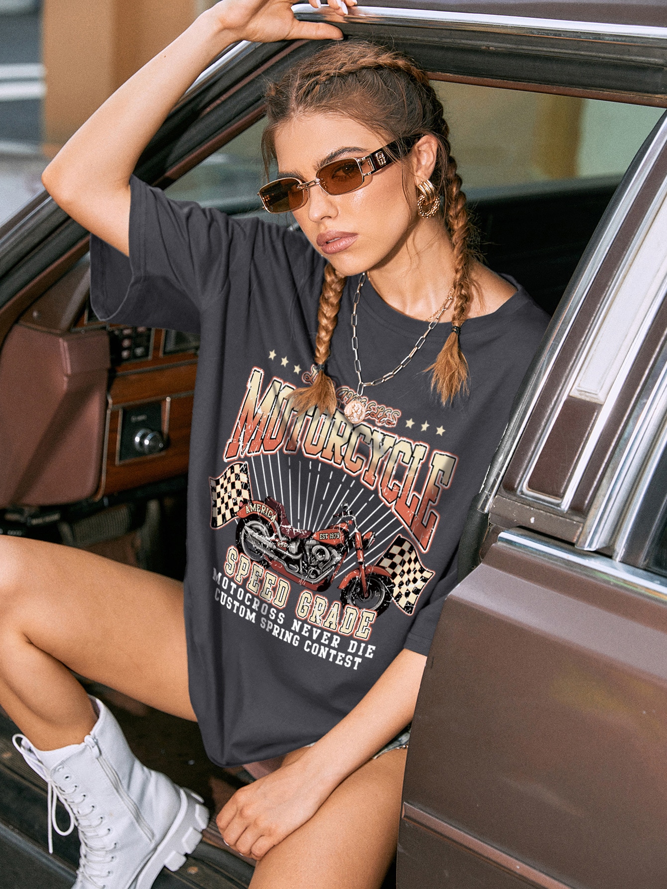 Car And Letter Graphic Crew Neck Tee