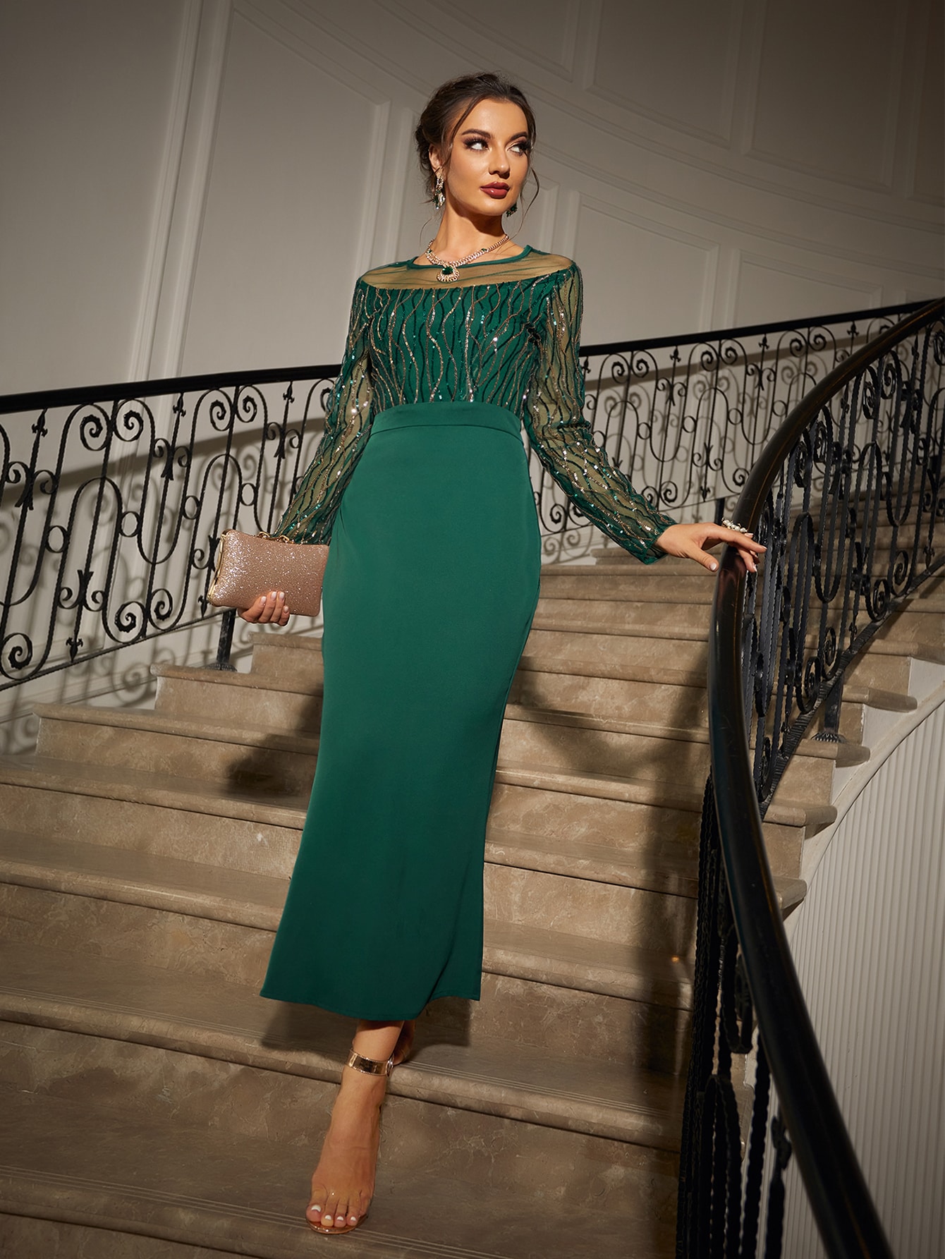 Sequin Decor Mesh Panel Prom Dress