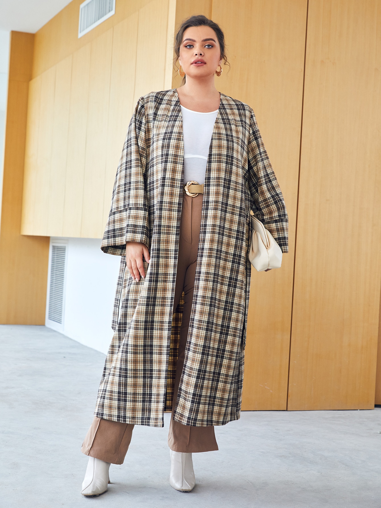 SHEIN Mulvari Plus Tartan Pattern Open Front Belted Wool-Mix Coat ...