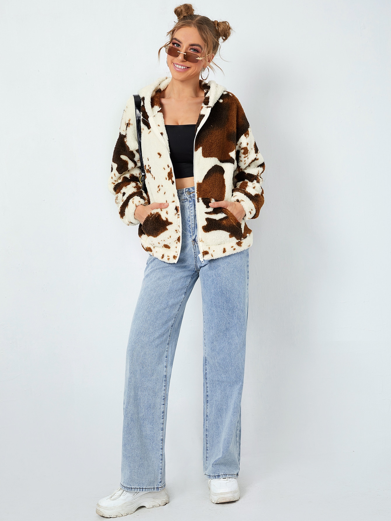 SHEIN Cow Print Zip Up Hooded Teddy Jacket | SHEIN USA