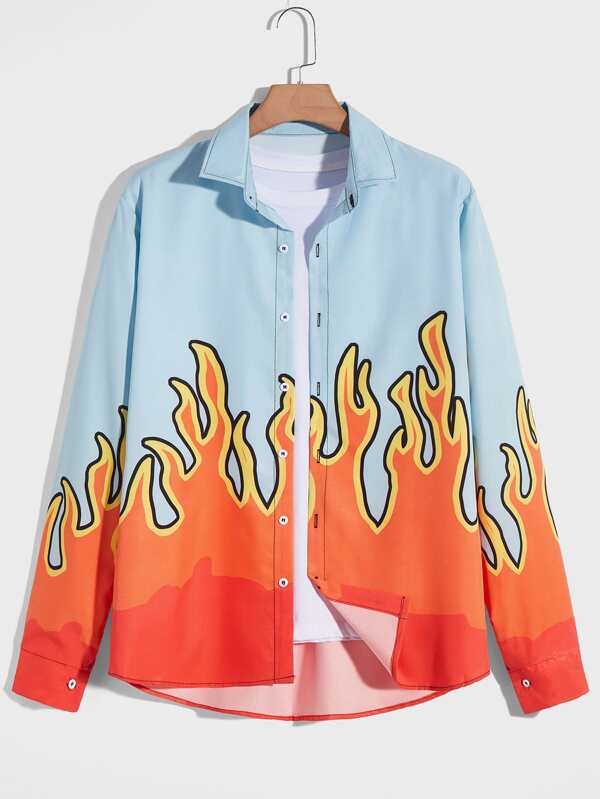 Romwe Street Life Guys Fire Graphic Button Front Shirt Shein Usa