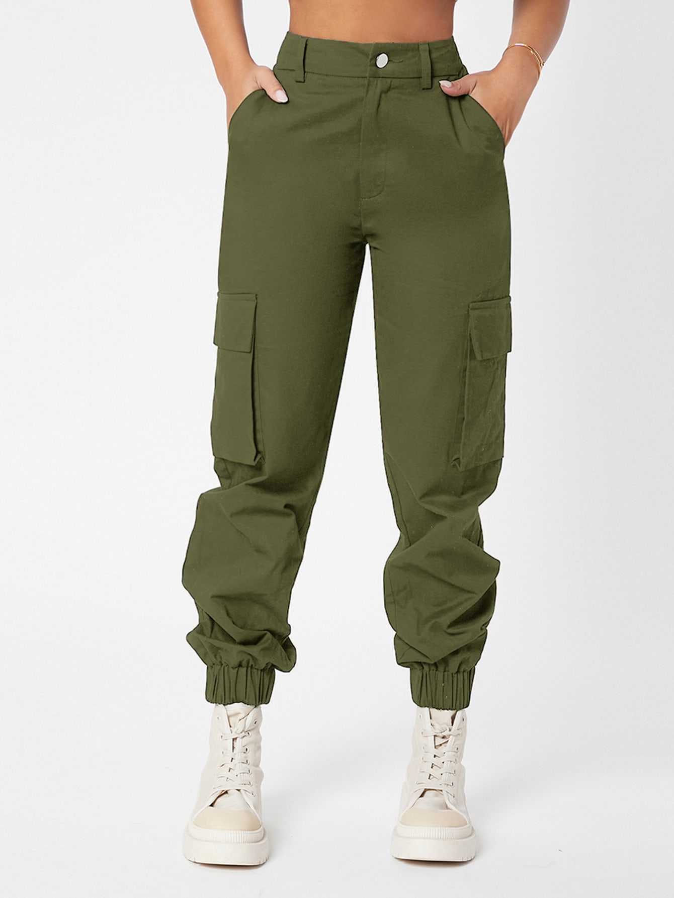 SHEIN PETITE High Waist Flap Pocket Side Pants