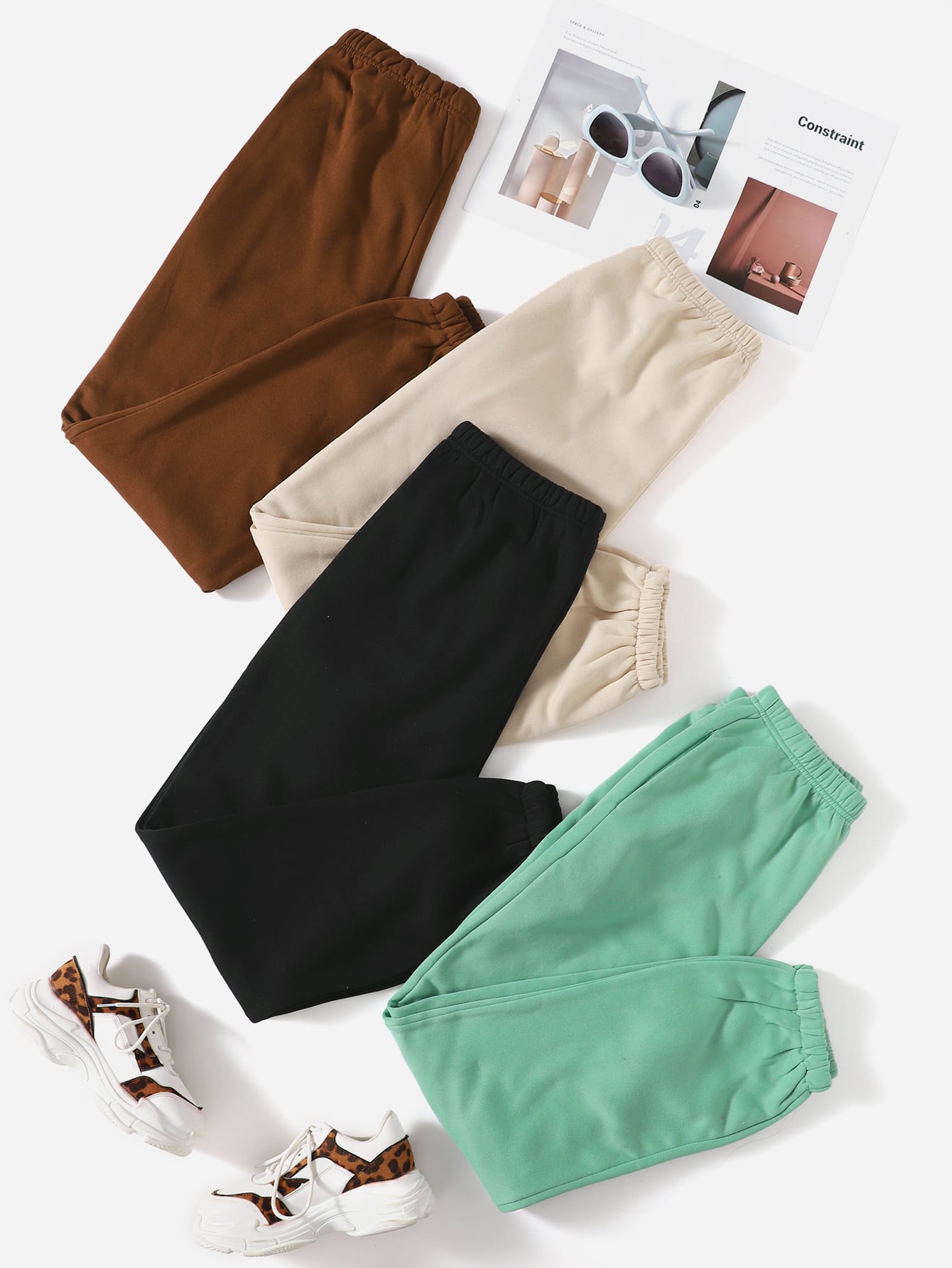 4pcs Solid Elastic Waist Sweatpants