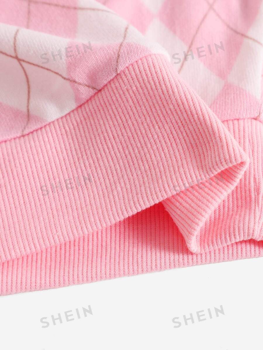 SHEIN EZwear Contrasting Colors Argyle Print Round Neck Tight Pink Tank ...