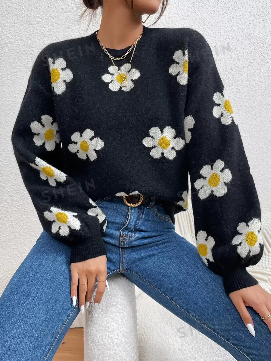 Floral Pattern Drop Shoulder Sweater | SHEIN USA