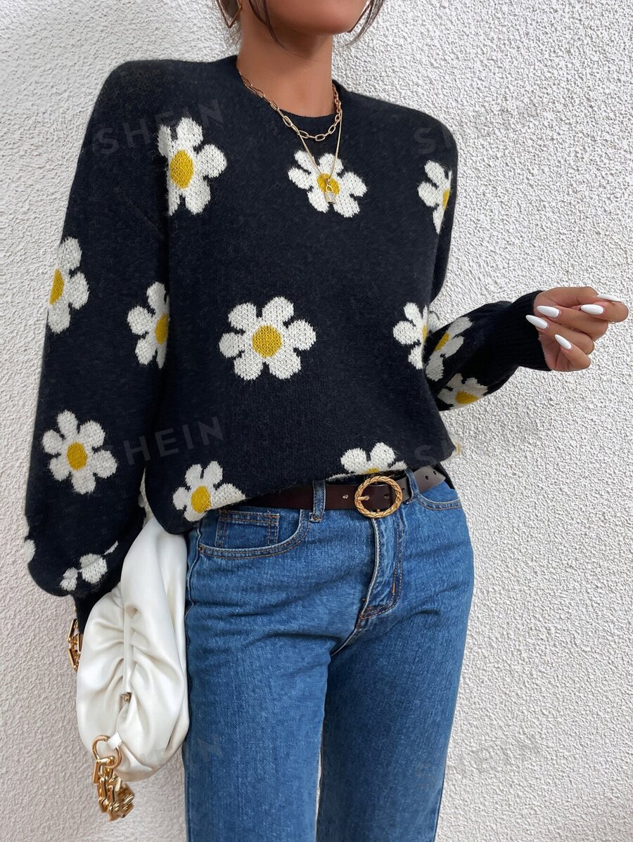 Floral Pattern Drop Shoulder Sweater | SHEIN USA