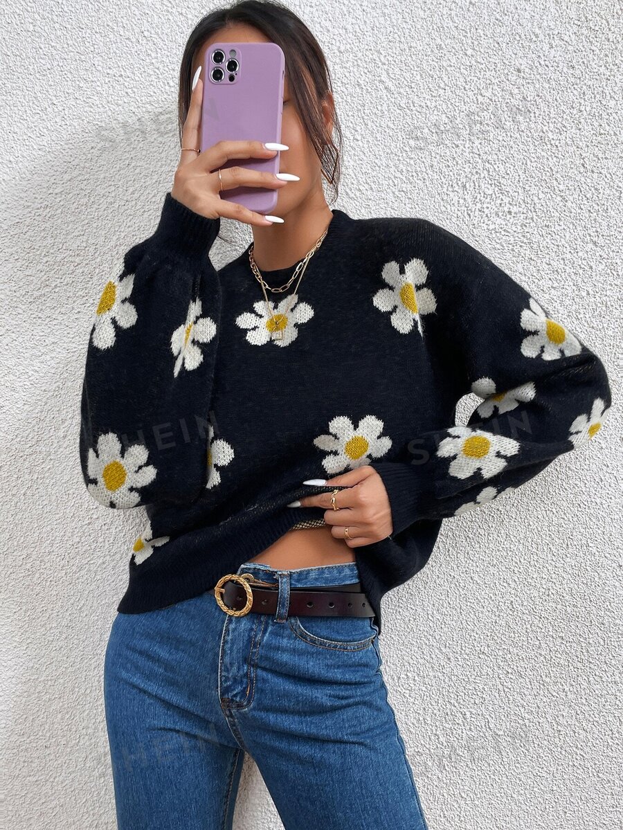Floral Pattern Drop Shoulder Sweater | SHEIN USA