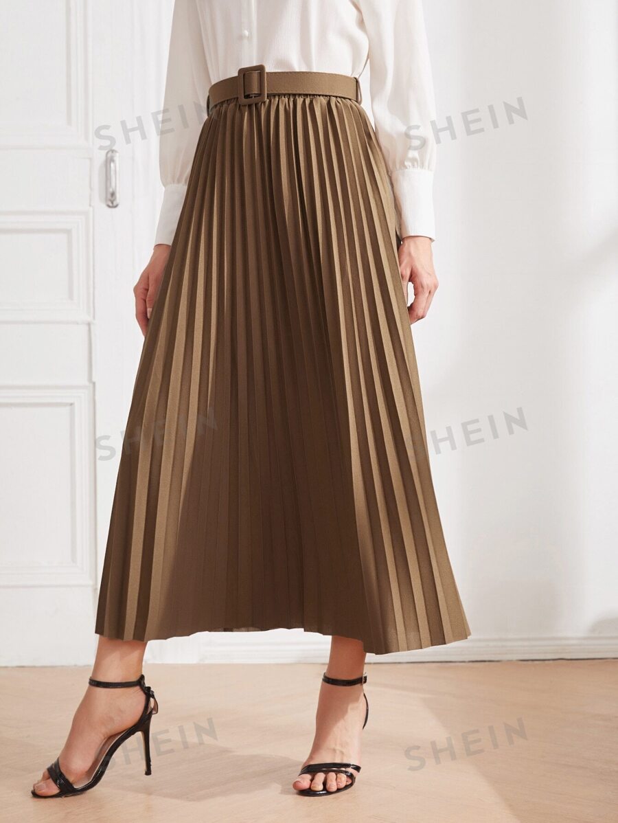 SHEIN Modely Solid Belted Pleated Skirt | SHEIN UK