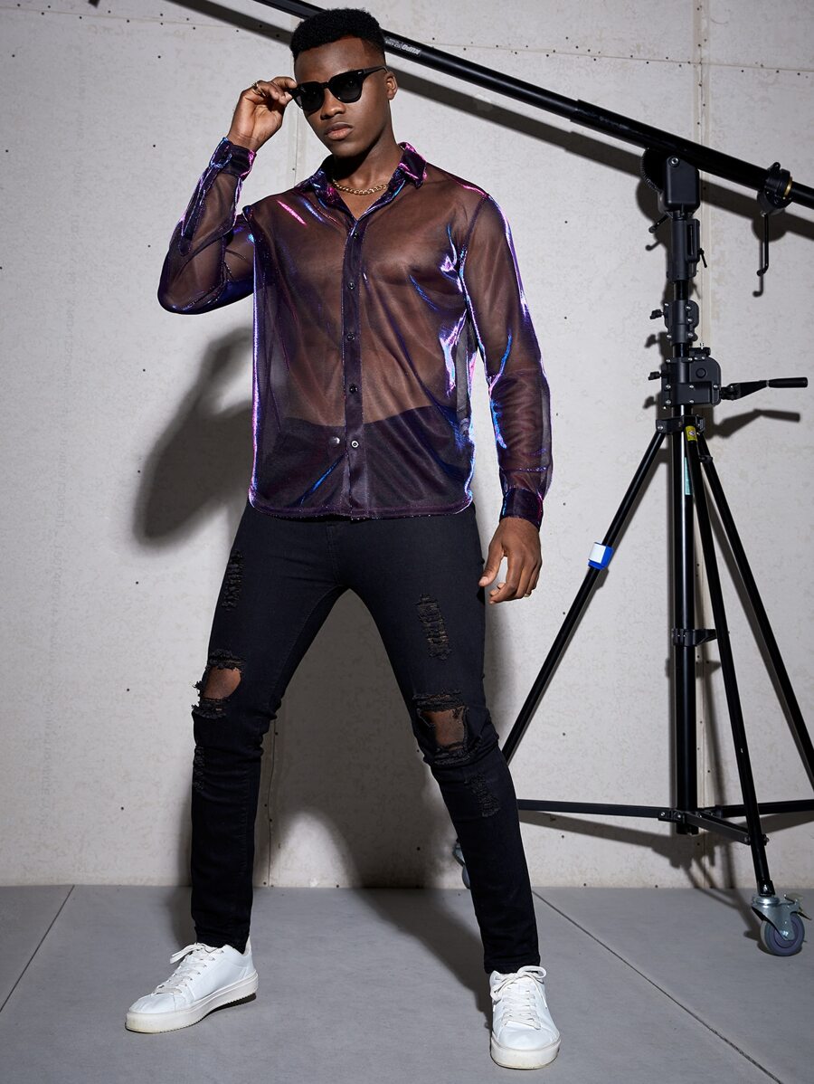 Manfinity Men Holographic Sheer Mesh Shirt | SHEIN
