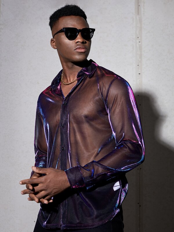 Manfinity Men Holographic Sheer Mesh Shirt | SHEIN USA