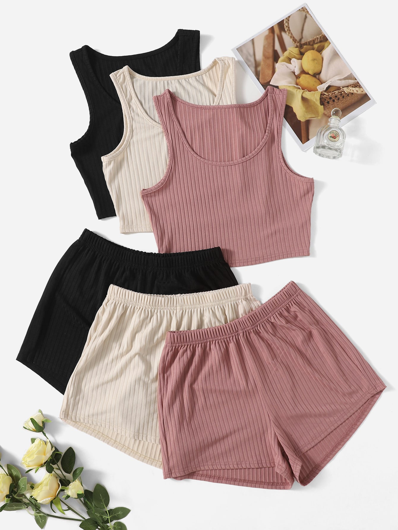 3sets Solid Ribbed Knit Lounge Set