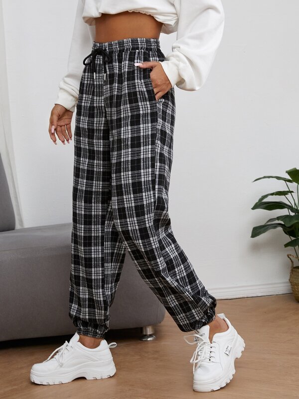 SHEIN PETITE Plaid Drawstring Waist Pants | SHEIN USA