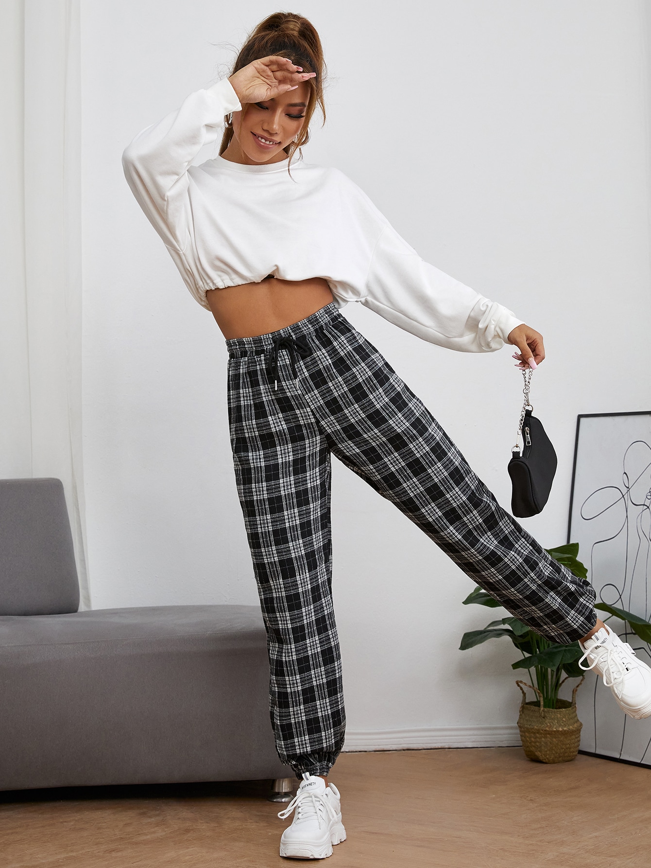 SHEIN PETITE Plaid Drawstring Waist Pants | SHEIN USA