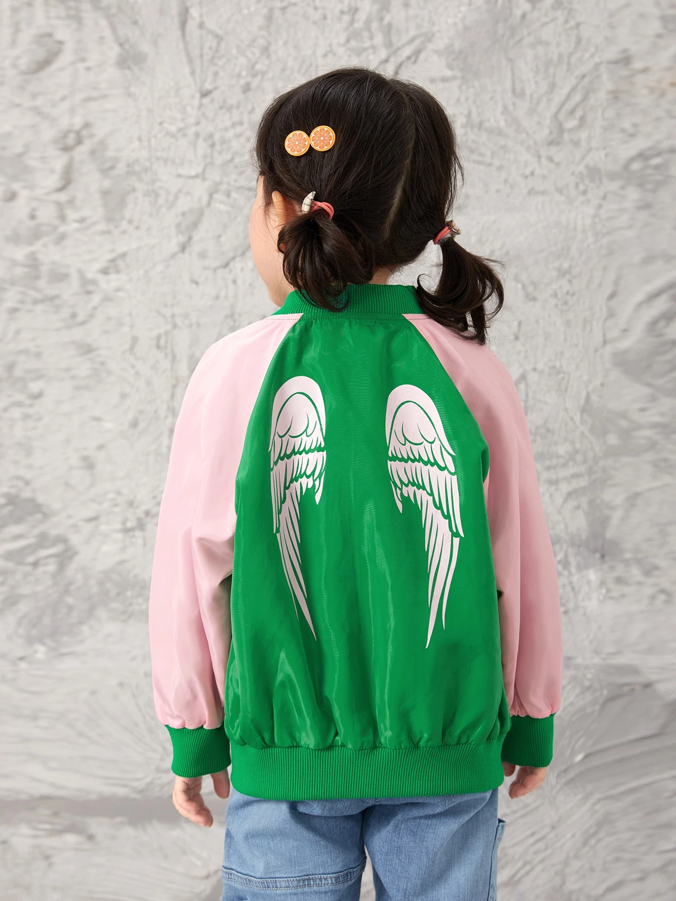 SHEIN Toddler Girls Wings Print Raglan Sleeve Zip Up Bomber Jacket ...