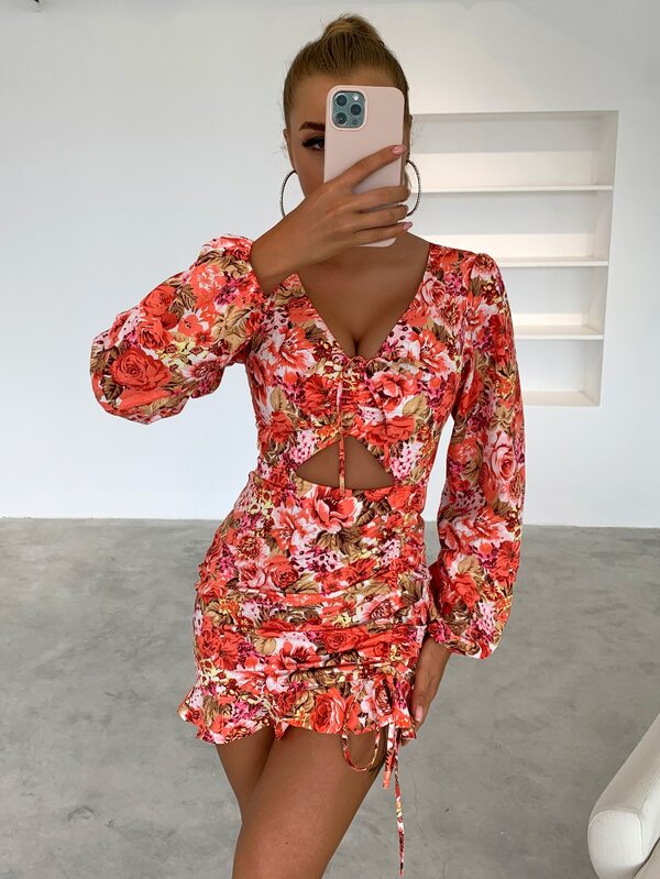 Joyfunear Floral Print Knot Front Cut Out Ruched Ruffle Hem Bodycon