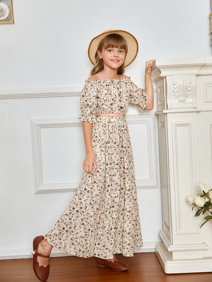 SHEIN Niñas con estampado floral Top de hombros descubiertos & Set falda | Mode de Mujer | SHEIN ...