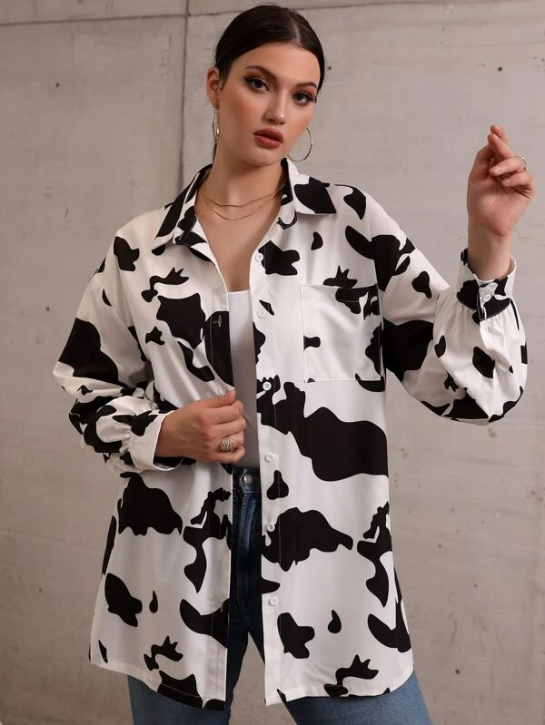 Our Plus Cow Print Button Up Blouse is such a vibe - ROMWE