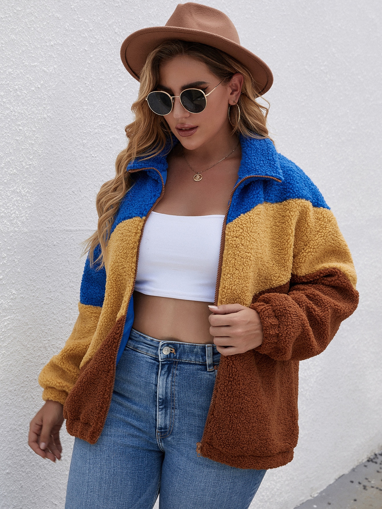 Plus Colorblock Zip Up Teddy Jacket
