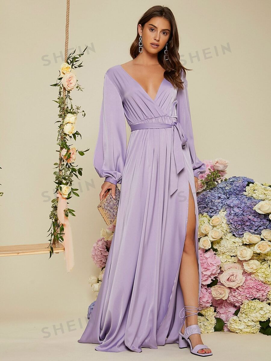 SHEIN Belle Split Lantern Sleeve Surplice Neck Split Thigh Belted Maxi Bridesmaid Dress | SHEIN UK