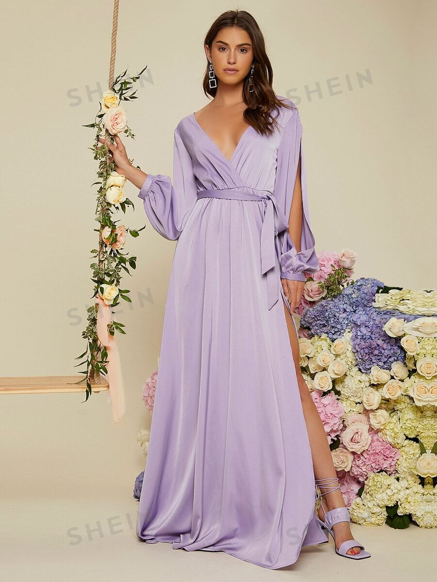 SHEIN Belle Split Lantern Sleeve Surplice Neck Split Thigh Belted Maxi Bridesmaid Dress | SHEIN UK