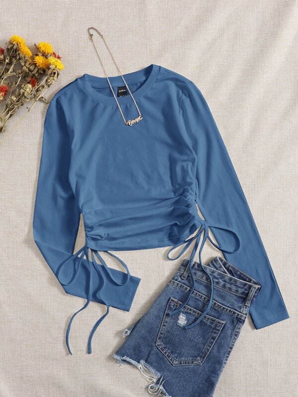 Shein Qutie Drawstring Ruched Solid Tee | Shein Usa