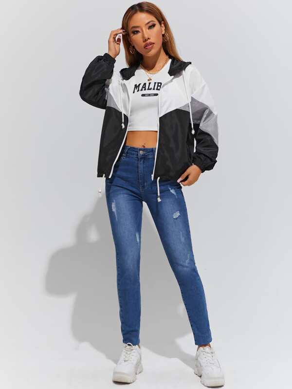 SHEIN PETITE Color Block Drop Shoulder Zip Up Drawstring Hooded Jacket ...