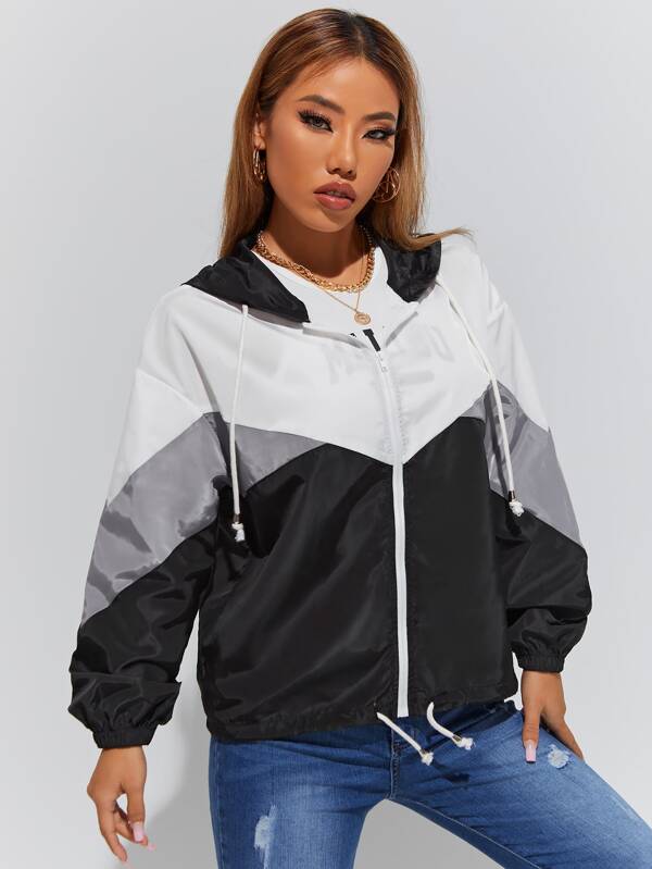 SHEIN PETITE Color Block Drop Shoulder Zip Up Drawstring Hooded Jacket ...
