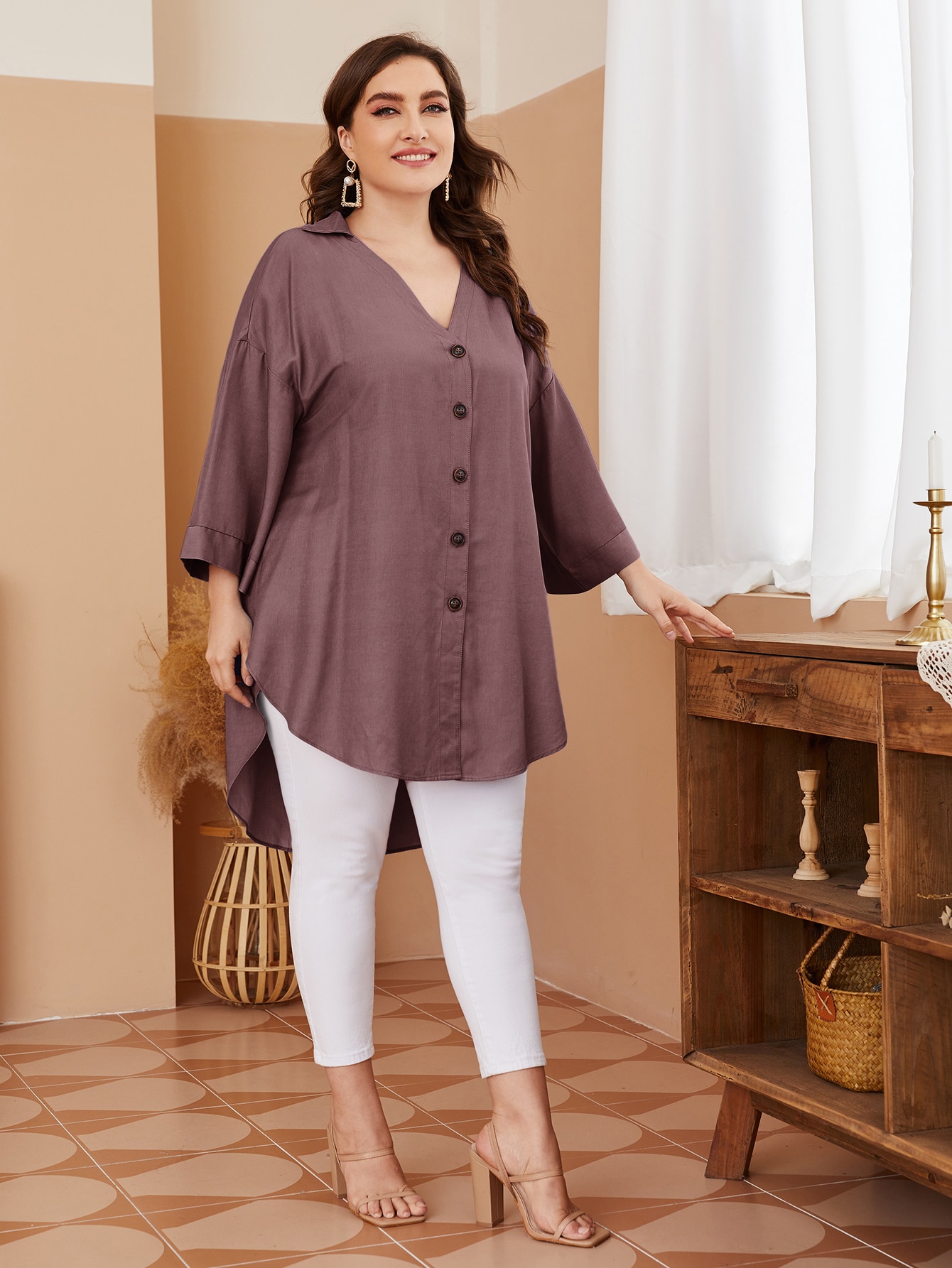 SHEIN Plus Drop Shoulder High Low Longline Blouse