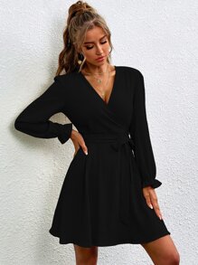 SHEIN Frenchy Surplice Neck Belted Lantern Sleeve Dress | SHEIN EUR