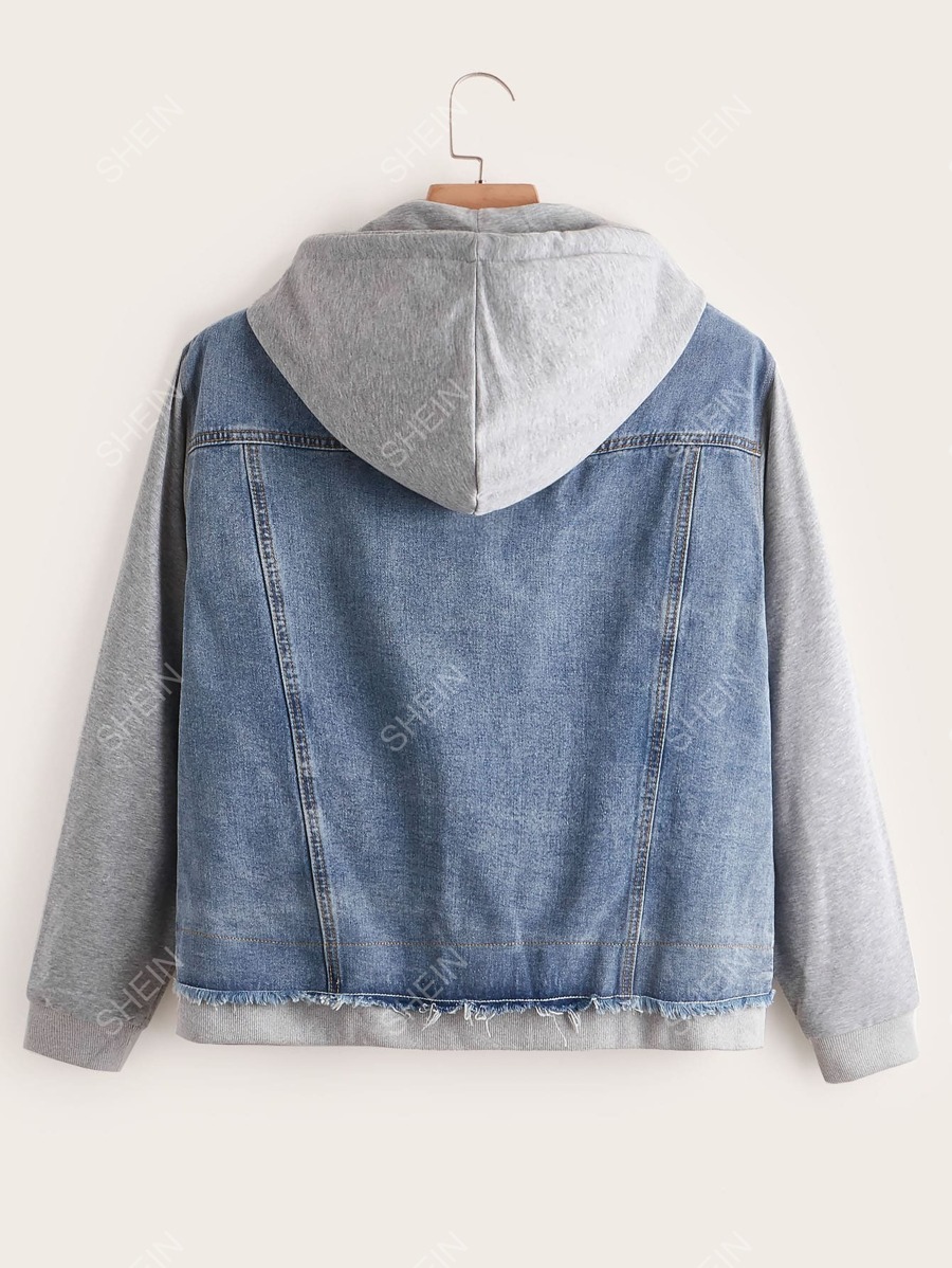 SHEIN EZwear Plus Raw Cut Drawstring Hooded 2 In 1 Denim Jacket | SHEIN UK