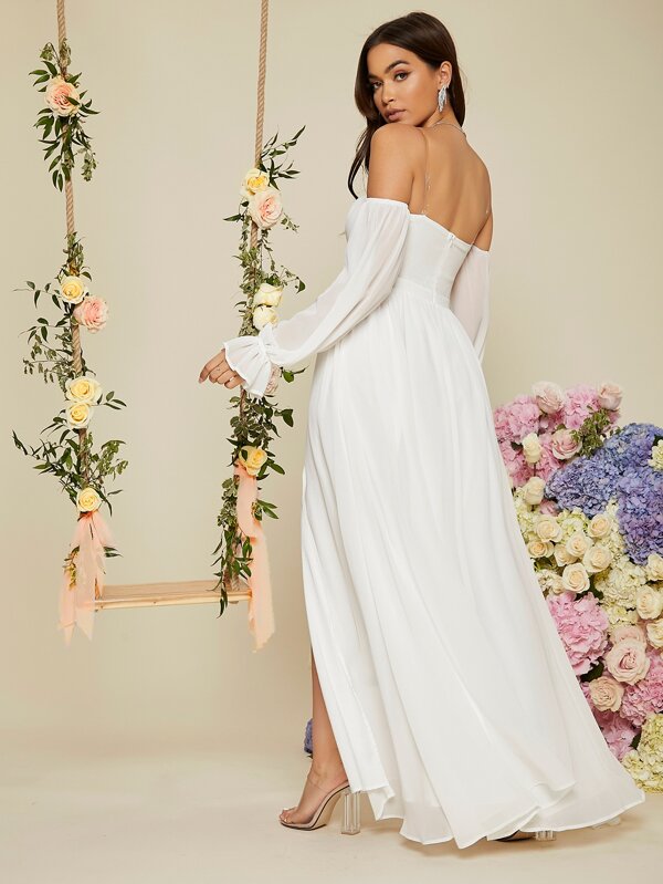 SHEIN Belle Transparent Shoulder Strap Flounce Sleeve Split Thigh Prom ...