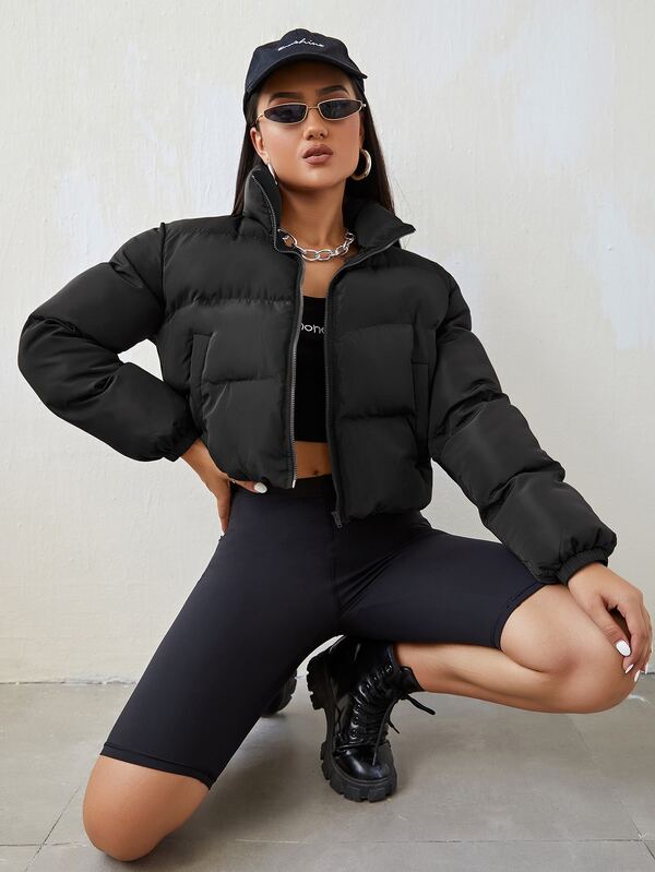 SHEIN EZwear Solid High Neck Slant Pockets Winter Coat | SHEIN USA