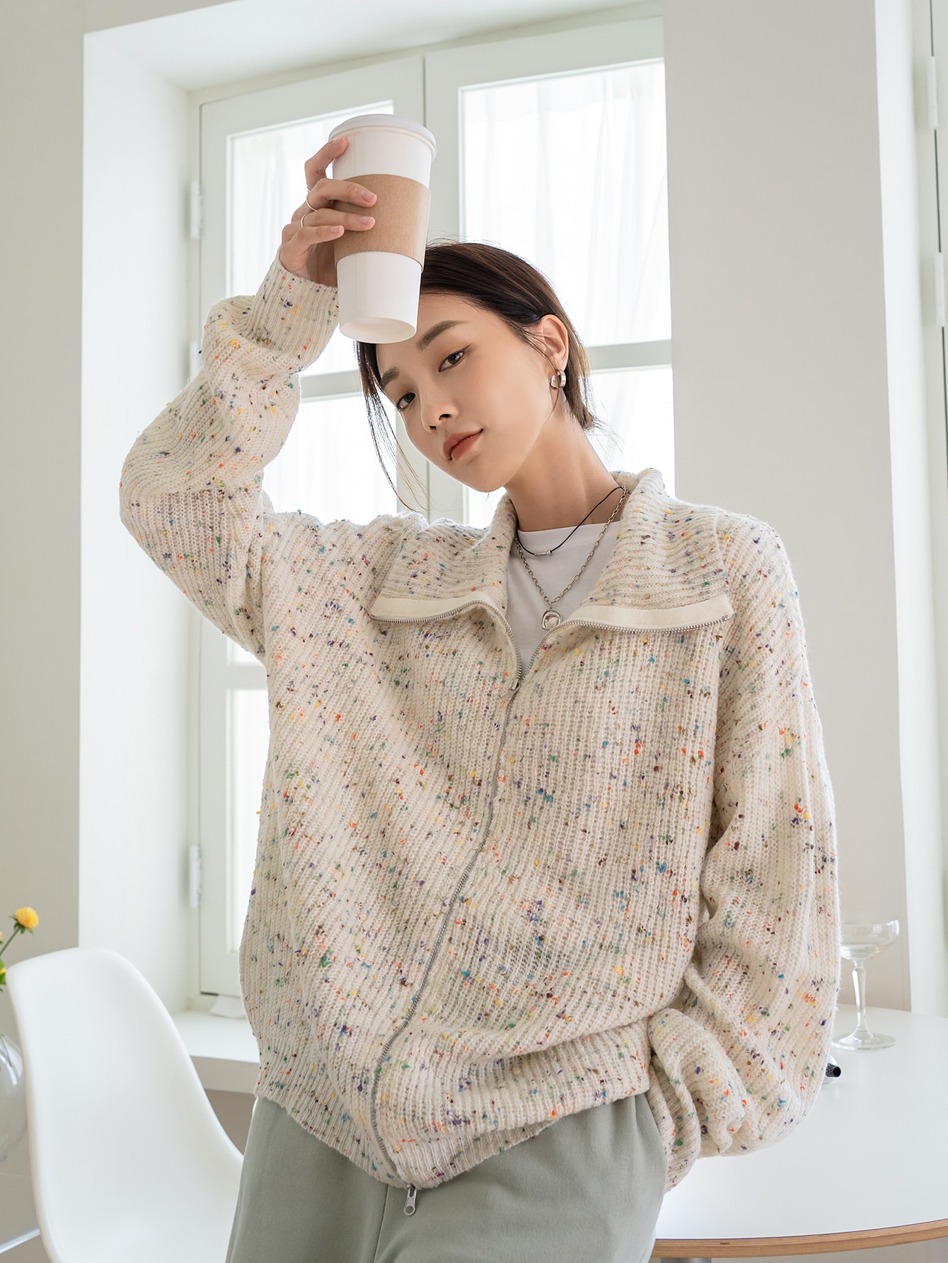 DAZY Drop Shoulder Marled Knit Cardigan