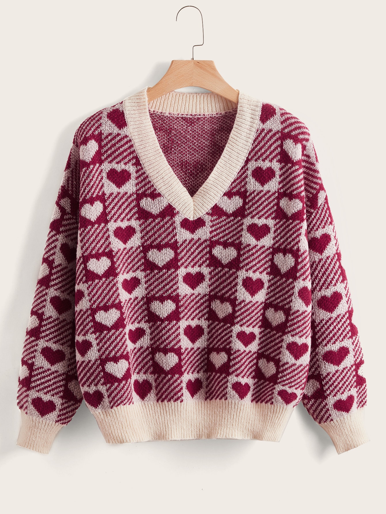 Plus Heart & Plaid Pattern Drop Shoulder Sweater