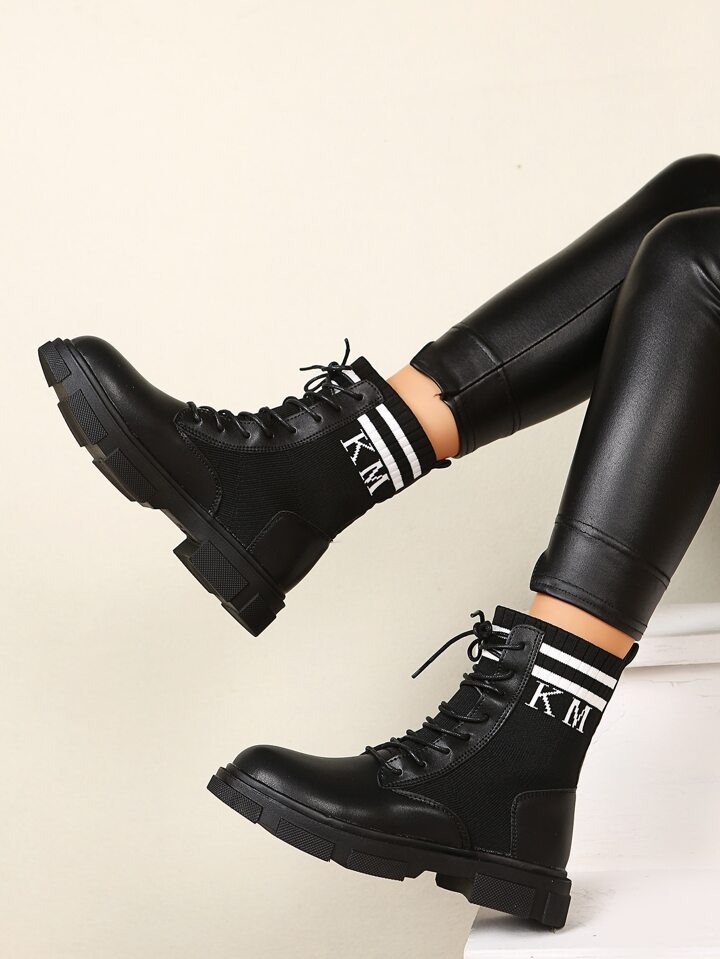 Women's Black Fashion Boots With Letter Pattern And Striped Lace-up ...