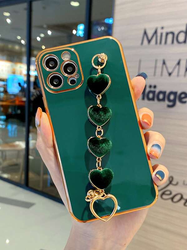 1pc Solid Color Plated Edge Plush Heart Bracelet Phone Case Compatible With iPhone15/15Plus ...