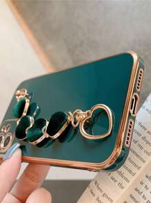 1pc Solid Color Plated Edge Plush Heart Bracelet Phone Case Compatible With iPhone15/15Plus ...