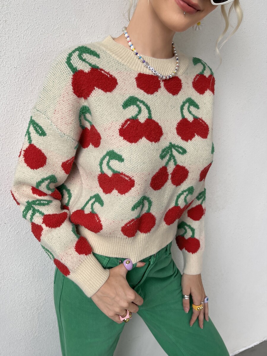 Cherry Pattern Drop Shoulder Sweater | SHEIN USA