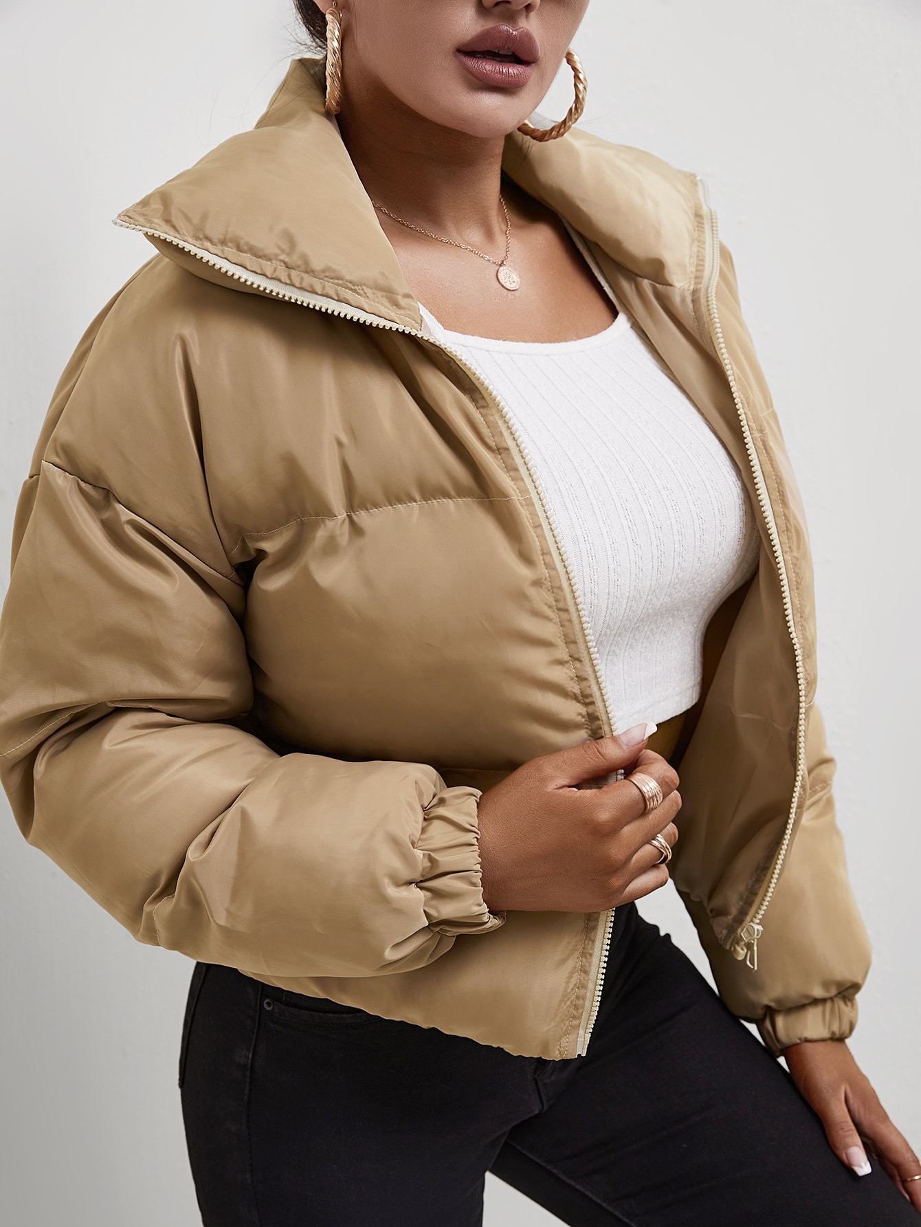 Drop Shoulder Zip Up Puffer Coat