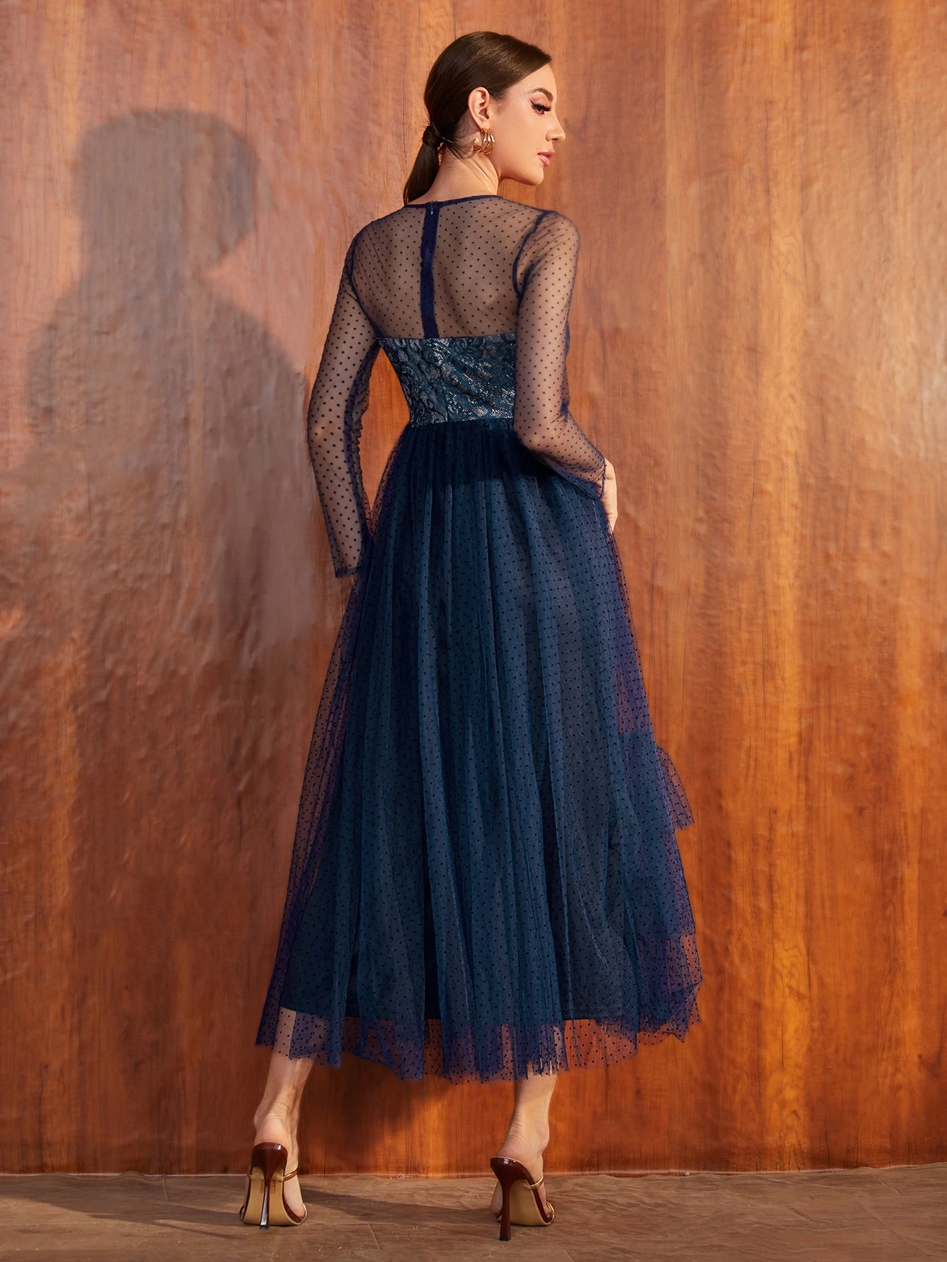 SHEIN Vestido de fiesta con encaje en contraste ribete con fruncido lunares de malla | Moda de ...