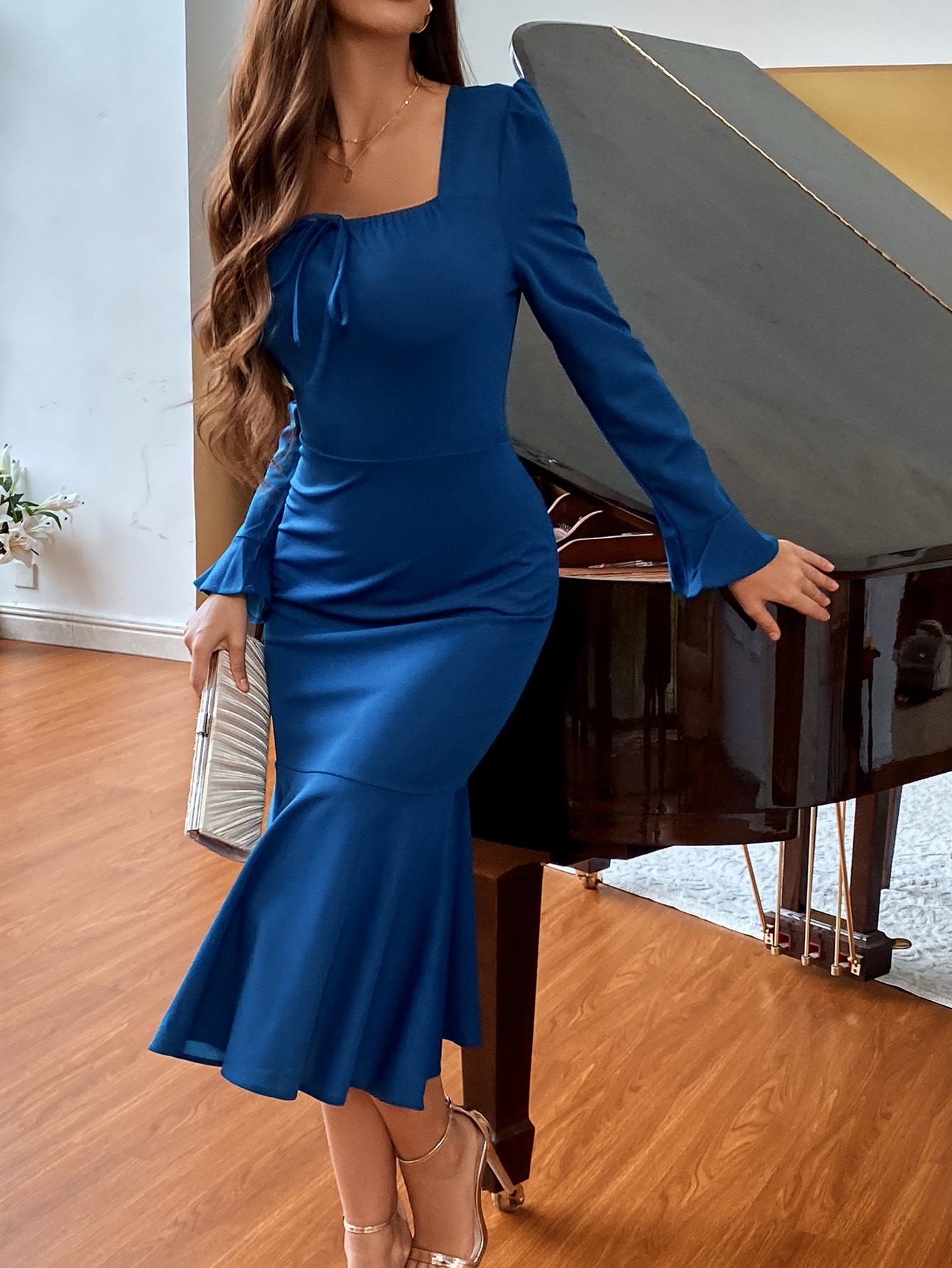 Tie Front Square Neck Flounce Sleeve Mermaid Hem Bodycon Dress | SHEIN USA