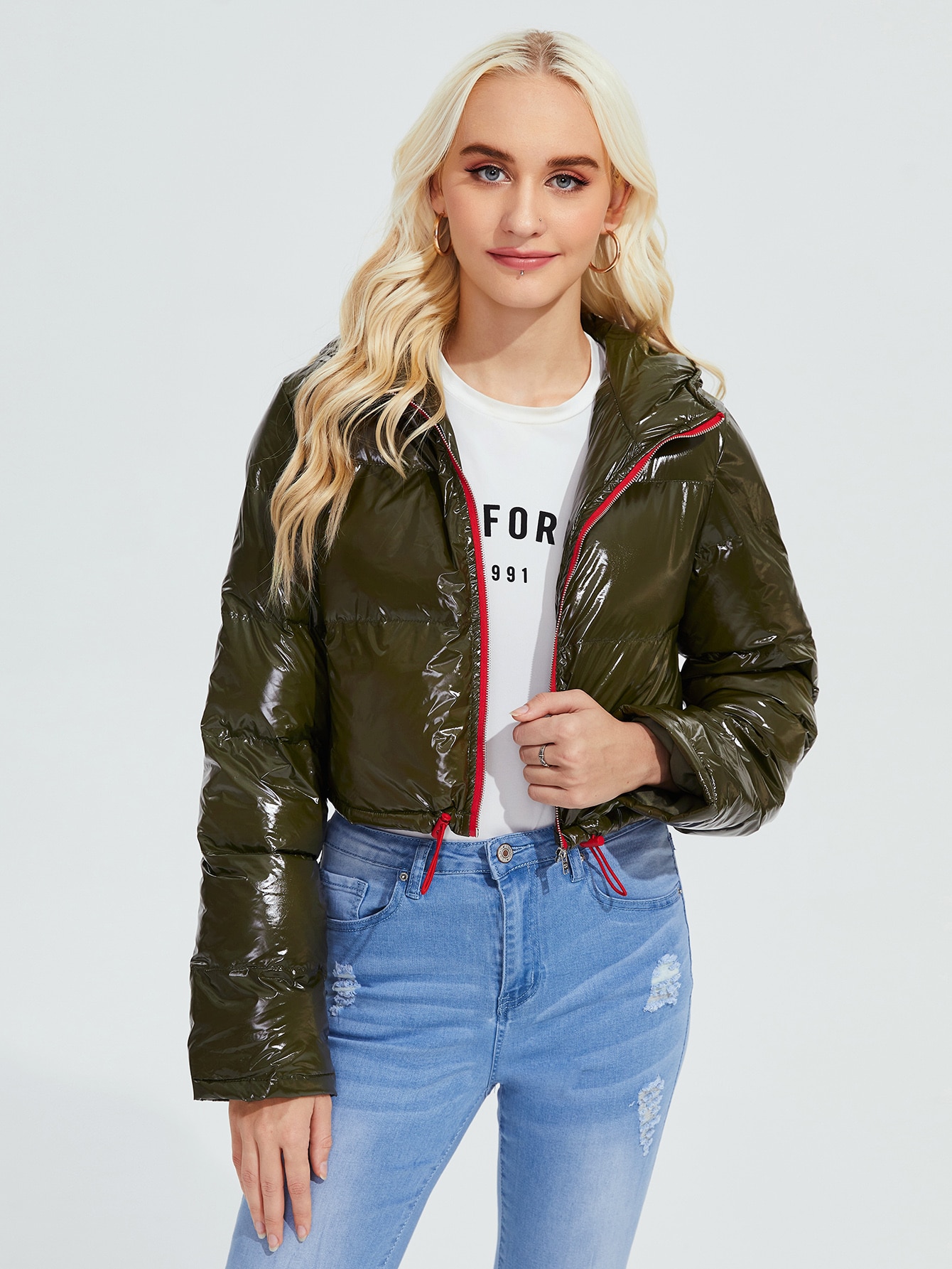 SHEIN Drawstring Hem Zipper Placket Hooded Patent Puffer Jacket