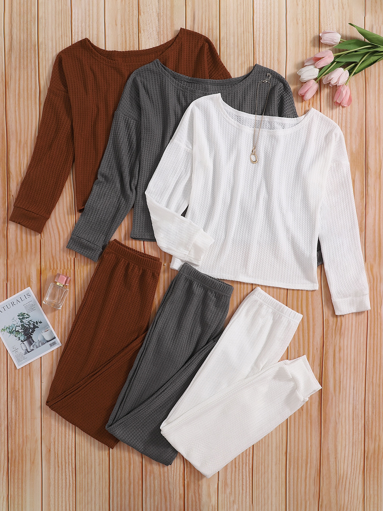 3sets Solid Waffle Knit Lounge Set